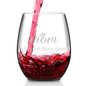 Mom Queen Wine Glass, Funny Mom Stemless Wine Glass 15Oz - Best Birthday Christmas Mothers Day Gift for Mom, New Mom, Wife, Sister, Women, Her - Unique Present from Daughter, Son, Husband, Kids