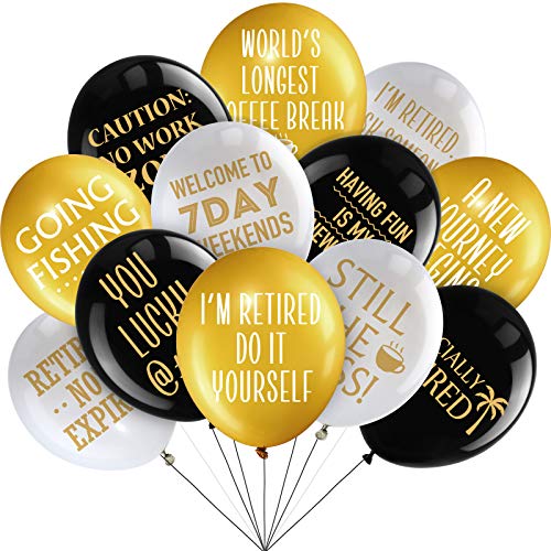 48 Pieces 12 Inches Retirement Balloons Decoration Happy Retirement Supplies Fun Retirement Latex Balloons for Women and Men Retirement Party Decoration Indoor Outdoor (Black, White, Gold)