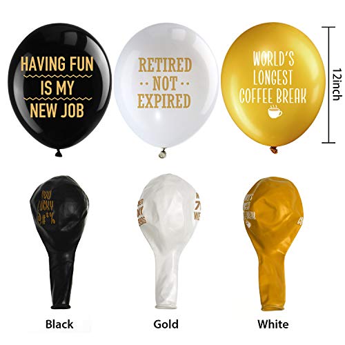 48 Pieces 12 Inches Retirement Balloons Decoration Happy Retirement Supplies Fun Retirement Latex Balloons for Women and Men Retirement Party Decoration Indoor Outdoor (Black, White, Gold)