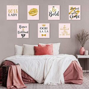 Inspiration Wall Decor, 9 Pieces Bedroom Decor for Women, Pink and Gold Makeup Lash Lips Wall Art Poster, Motivational Quotes Fashion Prints for Women Bathroom Home Decor, 8 x 10 Inch, Unframed