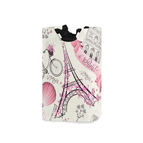 AUUXVA Laundry Basket Eiffel Tower Paris France Flower Laundry Hamper Collapsible Oxford Dirty Clothes Bag Kids Toy Storage Organizer with Handles for Home College Dorm Bathroom