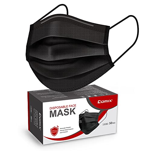 Comix Face-Mask with 3-Layer Black Disposable Face Masks, Pack of 50