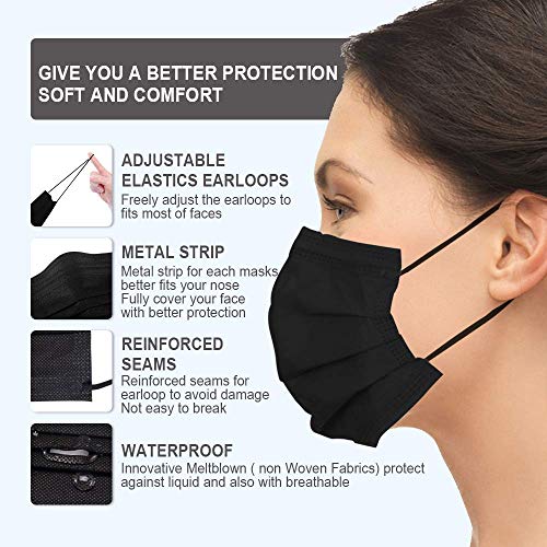 Comix Face-Mask with 3-Layer Black Disposable Face Masks, Pack of 50