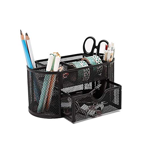 Desk Organizer,Office Supplies Desk Organization Accessories Pen Holder Organizers Set Multi-Functional Mesh Storage Caddy with 8 Compartments + 1 Drawer for Office School Home Supply