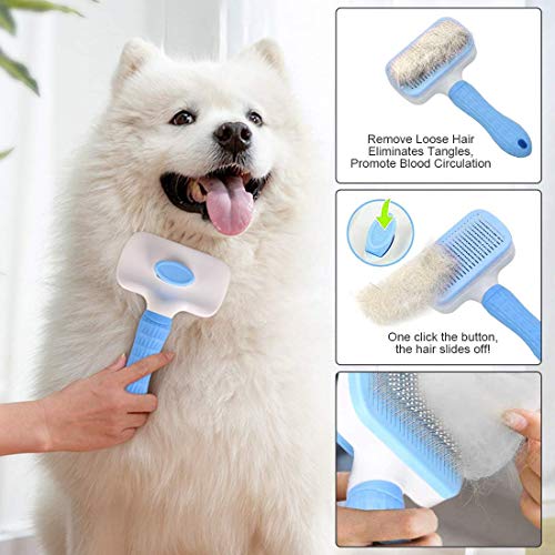 Atlamia Self Cleaning Slicker Brush,Dog Brush & Cat Brush with Massage Particles,Removes Loose Hair & Tangles,Skin Friendly & Promote Circulation-Blue