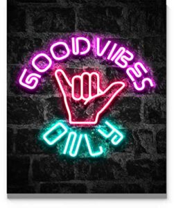 good vibes only wall art 11x14 inch unframed art print poster with bright color neon style on black brick backgound for office, classroom, man cave, woman cave or home decor