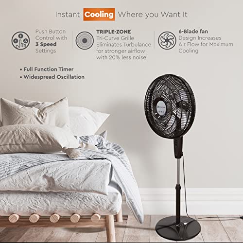 Comfort Zone PowrCurve CZST180BS 18" Stand Fan - 6 Blades, Tri-Curve Grill for Less Noise - 180° Adjustable Tilt, 3-Speed Button Control, Black/Silver