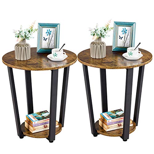 Yaheetech Industrial End Table for Living Room Set of 2, Round Side Table with 2 Tier Storage Shelf, Sturdy Couch Tables Accent Tables Coffee Tray, Space Saving, Easy to Assemble, Rustic Brown