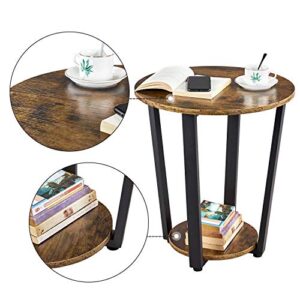 Yaheetech Industrial End Table for Living Room Set of 2, Round Side Table with 2 Tier Storage Shelf, Sturdy Couch Tables Accent Tables Coffee Tray, Space Saving, Easy to Assemble, Rustic Brown