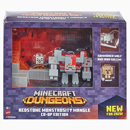 Mattel Minecraft Dungeons Redstone Monstrosity Mangle with Redstone Monstrosity, Armored Valorie, Iron Golem, Summoned Wolf, Battle in a Box, Gift for Kids Age 6 and Older