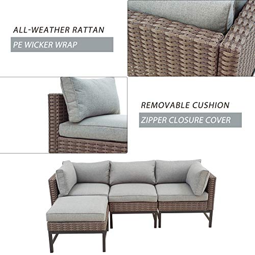 Festival Depot 4-Piece Patio Conversation Set Sectional Corner Sofa Combination Outdoor All-Weather Wicker Metal Armless Chairs for Porch Lawn Garden Balcony Pool Backyard, Brown