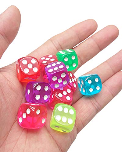 50 Pack 6 Sided Game Dice 16MM Acrylic Dice for Board Games and Teaching Math, 10 Colors