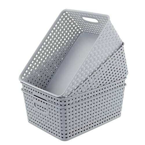 Yarebest 4-Pack Grey Woven Basket Bin, Plastic Storage Organizer Basket