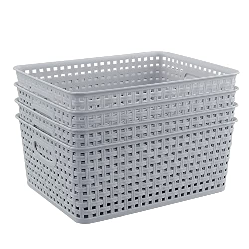 Yarebest 4-Pack Grey Woven Basket Bin, Plastic Storage Organizer Basket