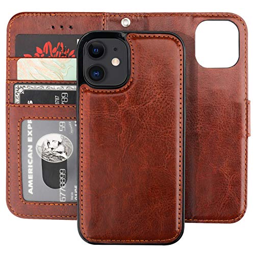 Bocasal Compatible with iPhone 12 Mini Wallet Case with Card Holder PU Leather Magnetic Detachable Kickstand Shockproof Wrist Strap Removable Flip Cover (Brown)