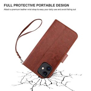 Bocasal Compatible with iPhone 12 Mini Wallet Case with Card Holder PU Leather Magnetic Detachable Kickstand Shockproof Wrist Strap Removable Flip Cover (Brown)