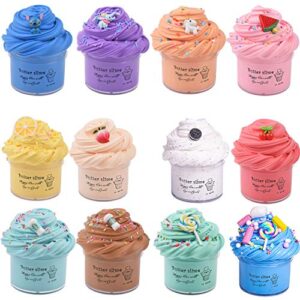 keemanman 12 pack butter slime kit with blue stitch, elephant, unicorn, watermelon, lemon, peach, o-reo, cherry, latte, coffe and candy charms, scented diy slime, stress relief toy for girls and boys