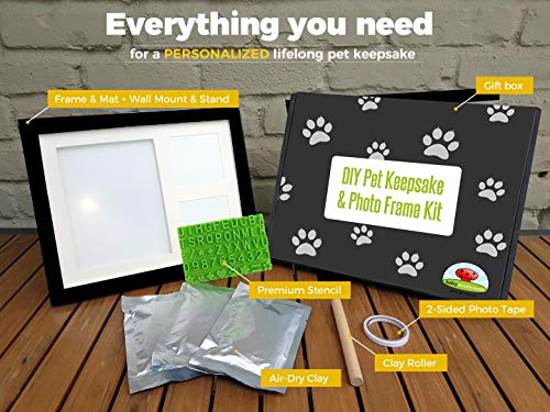 Ultimate Dog or Cat Pet Pawprint Keepsake Kit & Picture Frame - Premium Wooden Photo Frame, Clay Mold for Paw Print & Free Bonus Stencil. Makes a Personalized Gift for Pet Lovers and Memorials (Black)