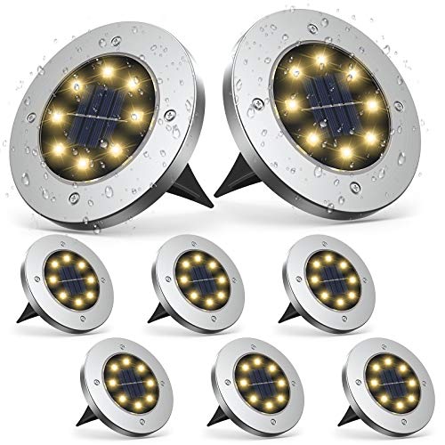 MAPLEZ Solar Ground Light 8 LED Solar Outdoor Lights Disk Light Waterproof for Garden Yard Patio Pathway Lawn Driveway Walkway 8 Packs Warm White