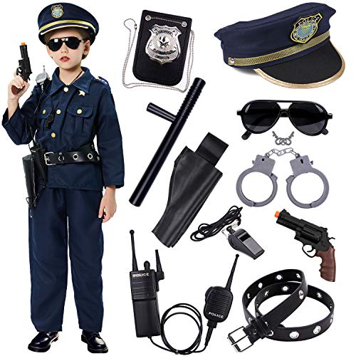 Police Dress Up Costume Set Shirt, Pants, Hat, Belt, Whistle, Gun Holster and Walkie Talkie (Small (5-7 year))