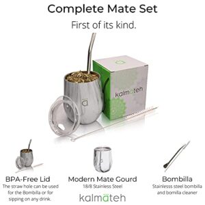 Kalmateh Yerba Mate Gourd Extra Large (12 oz) Mate Cup with BPA Free Travel Lid, Bombilla Filter Straw & Bombilla Cleaner- 18/8 Double Walled Vacuum Insulated Stainless Steel (Wood)