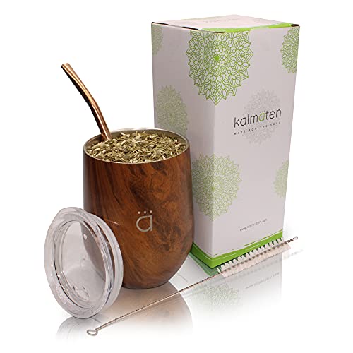 Kalmateh Yerba Mate Gourd Extra Large (12 oz) Mate Cup with BPA Free Travel Lid, Bombilla Filter Straw & Bombilla Cleaner- 18/8 Double Walled Vacuum Insulated Stainless Steel (Wood)