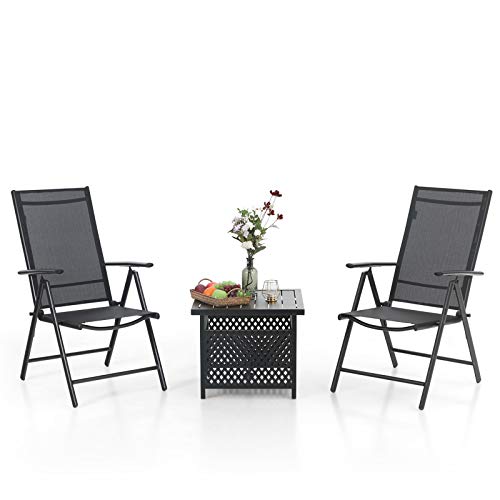 MFSTUDIO 3 Piece Metal Patio Dining Set,Outdoor Bistro Furniture with1 x Wrought Iron Square Table with Umbrella Hole and 2 x Folding Sling Chairs with 7 Levels Adjustable (Black)