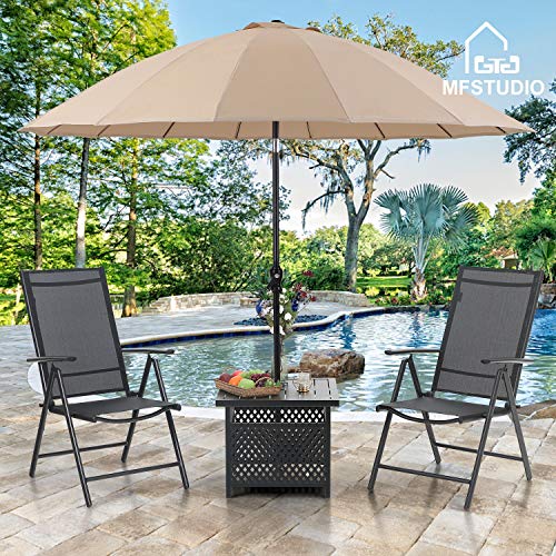 MFSTUDIO 3 Piece Metal Patio Dining Set,Outdoor Bistro Furniture with1 x Wrought Iron Square Table with Umbrella Hole and 2 x Folding Sling Chairs with 7 Levels Adjustable (Black)