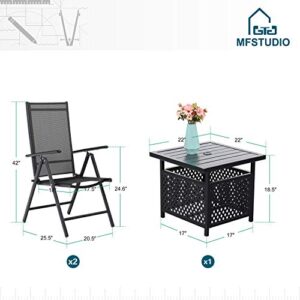 MFSTUDIO 3 Piece Metal Patio Dining Set,Outdoor Bistro Furniture with1 x Wrought Iron Square Table with Umbrella Hole and 2 x Folding Sling Chairs with 7 Levels Adjustable (Black)