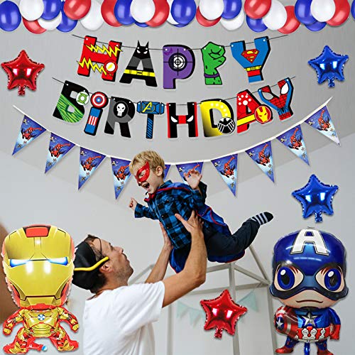 Superhero Themed Birthday Party Supplies Kid's Cosplay Game Costume Avenger Capes & Mask Happy Birthday Banner Balloons Decorations Perfect for Boys and Girls Birthday Party,Super Hero Party Favors