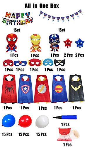 Superhero Themed Birthday Party Supplies Kid's Cosplay Game Costume Avenger Capes & Mask Happy Birthday Banner Balloons Decorations Perfect for Boys and Girls Birthday Party,Super Hero Party Favors