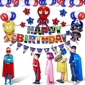 Superhero Themed Birthday Party Supplies Kid's Cosplay Game Costume Avenger Capes & Mask Happy Birthday Banner Balloons Decorations Perfect for Boys and Girls Birthday Party,Super Hero Party Favors