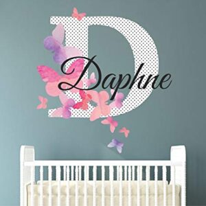 Girls Nursery Custom Name Personalized Watercolor Pink Butterfly Swirl and Polka Dot Initial Vinyl Wall Decal, Wall Decor Wall Stickers (Small)