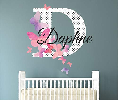 Girls Nursery Custom Name Personalized Watercolor Pink Butterfly Swirl and Polka Dot Initial Vinyl Wall Decal, Wall Decor Wall Stickers (Small)