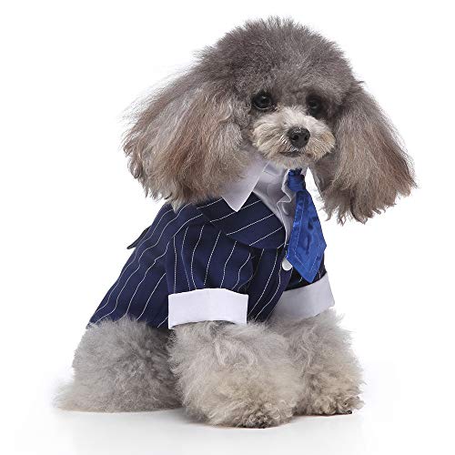 Dog Costumes Suit Dress Polo Stripe Pet Wedding Attire Shirt Formal Tuxedo with Bow Tie Dress Button Clothes (Blue XL)