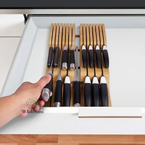 W Selections Bamboo Knife Drawer Organizer Insert - Kitchen Storage Holder for [14~20 Knives & 1~2 Knife Sharpener] Organization - Saves Countertop Space & Made of Premium Quality Moso Bamboo