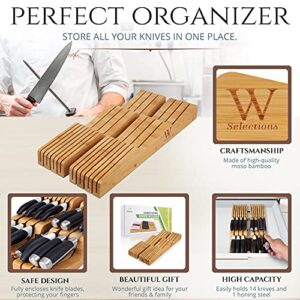 W Selections Bamboo Knife Drawer Organizer Insert - Kitchen Storage Holder for [14~20 Knives & 1~2 Knife Sharpener] Organization - Saves Countertop Space & Made of Premium Quality Moso Bamboo