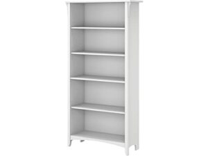 bush furniture salinas tall 5 shelf bookcase in pure white and shiplap gray | distressed style book case | bookshelf for bedroom, living room & pantry | tall bookcase | book shelf for bedroom