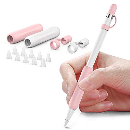 Delidigi 2 Pack iPencil Grip Ergonomic Sleeve with Anti-Lost Replacement Cap Plus Tips Cover Accessories Set Compatible with Apple Pencil 1st Generation (White, Pink)