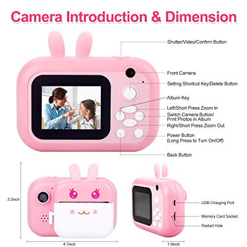 MINIBEAR Instant Camera for Kids Digital Camera for Girls Toddler Camera with Print Paper, 40MP Kids Video Camera Child Selfie Camera Toy Camera Kids Camcorder 2.4 Inch Screen and 32GB TF Card (Pink)