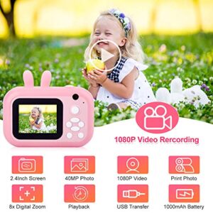 MINIBEAR Instant Camera for Kids Digital Camera for Girls Toddler Camera with Print Paper, 40MP Kids Video Camera Child Selfie Camera Toy Camera Kids Camcorder 2.4 Inch Screen and 32GB TF Card (Pink)