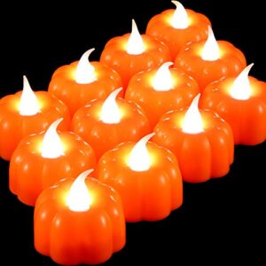 12 pieces thanksgiving halloween small pumpkin tea lights led battery-powered led lights warm amber yellow lights for thanksgiving holiday theme parties()