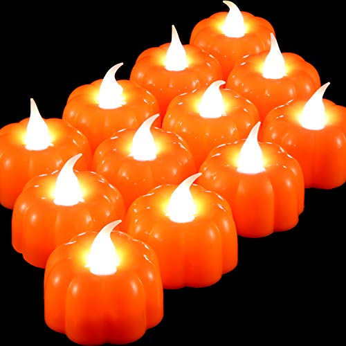 12 Pieces Thanksgiving Halloween Small Pumpkin Tea Lights LED Battery-Powered LED Lights Warm Amber Yellow Lights for Thanksgiving Holiday Theme Parties()