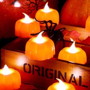 12 Pieces Thanksgiving Halloween Small Pumpkin Tea Lights LED Battery-Powered LED Lights Warm Amber Yellow Lights for Thanksgiving Holiday Theme Parties()