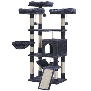 Hey-brother Multi-Level Cat Tree, Large Cat Tower with Bigger Hammock, 3 Cozy Perches, Scratching Posts, Stable for Kitten/Gig Cat Smoky Gray MPJ0026G