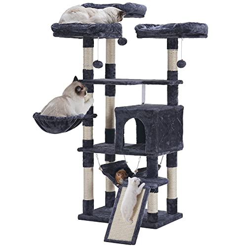 Hey-brother Multi-Level Cat Tree, Large Cat Tower with Bigger Hammock, 3 Cozy Perches, Scratching Posts, Stable for Kitten/Gig Cat Smoky Gray MPJ0026G