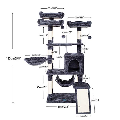 Hey-brother Multi-Level Cat Tree, Large Cat Tower with Bigger Hammock, 3 Cozy Perches, Scratching Posts, Stable for Kitten/Gig Cat Smoky Gray MPJ0026G