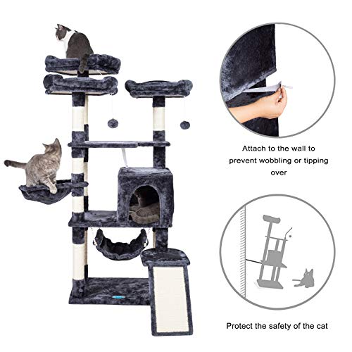 Hey-brother Multi-Level Cat Tree, Large Cat Tower with Bigger Hammock, 3 Cozy Perches, Scratching Posts, Stable for Kitten/Gig Cat Smoky Gray MPJ0026G