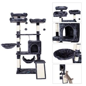 Hey-brother Multi-Level Cat Tree, Large Cat Tower with Bigger Hammock, 3 Cozy Perches, Scratching Posts, Stable for Kitten/Gig Cat Smoky Gray MPJ0026G