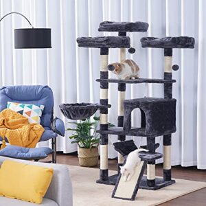 Hey-brother Multi-Level Cat Tree, Large Cat Tower with Bigger Hammock, 3 Cozy Perches, Scratching Posts, Stable for Kitten/Gig Cat Smoky Gray MPJ0026G